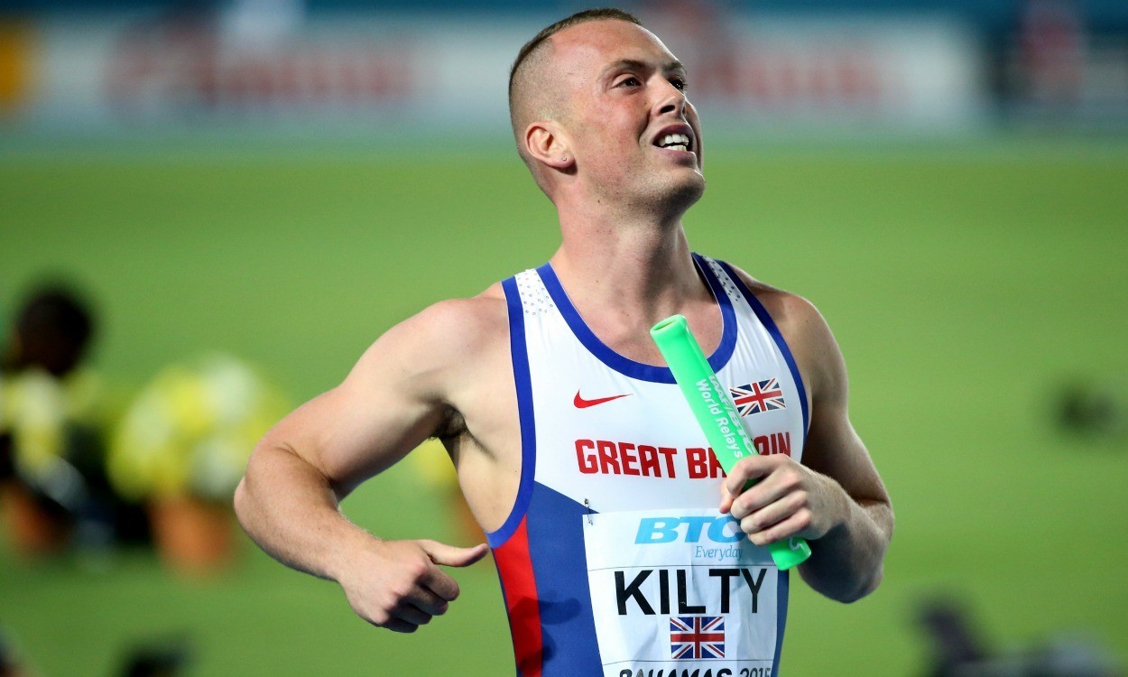 Richard Kilty crosses the line in the first round of men's 4x100m ...